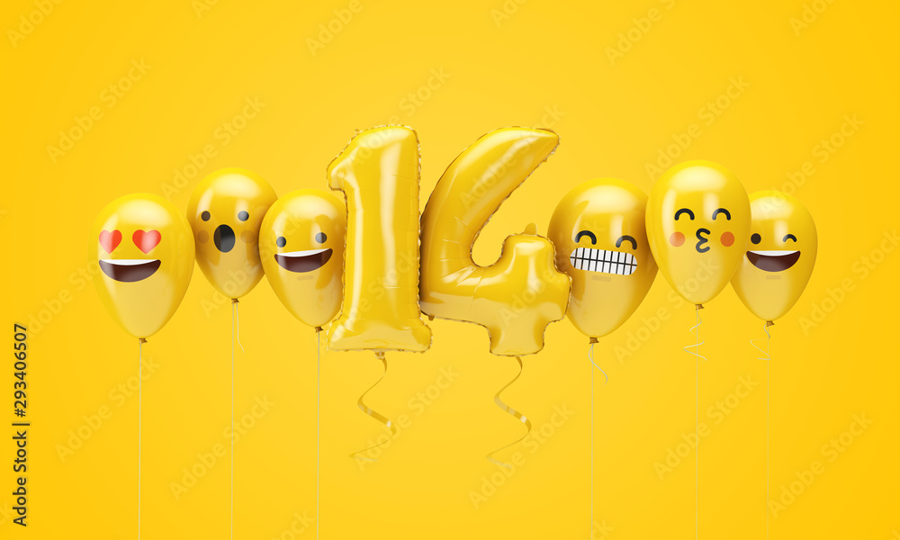 Number 14 yellow birthday emoji faces balloons. 3D Render Stock ...