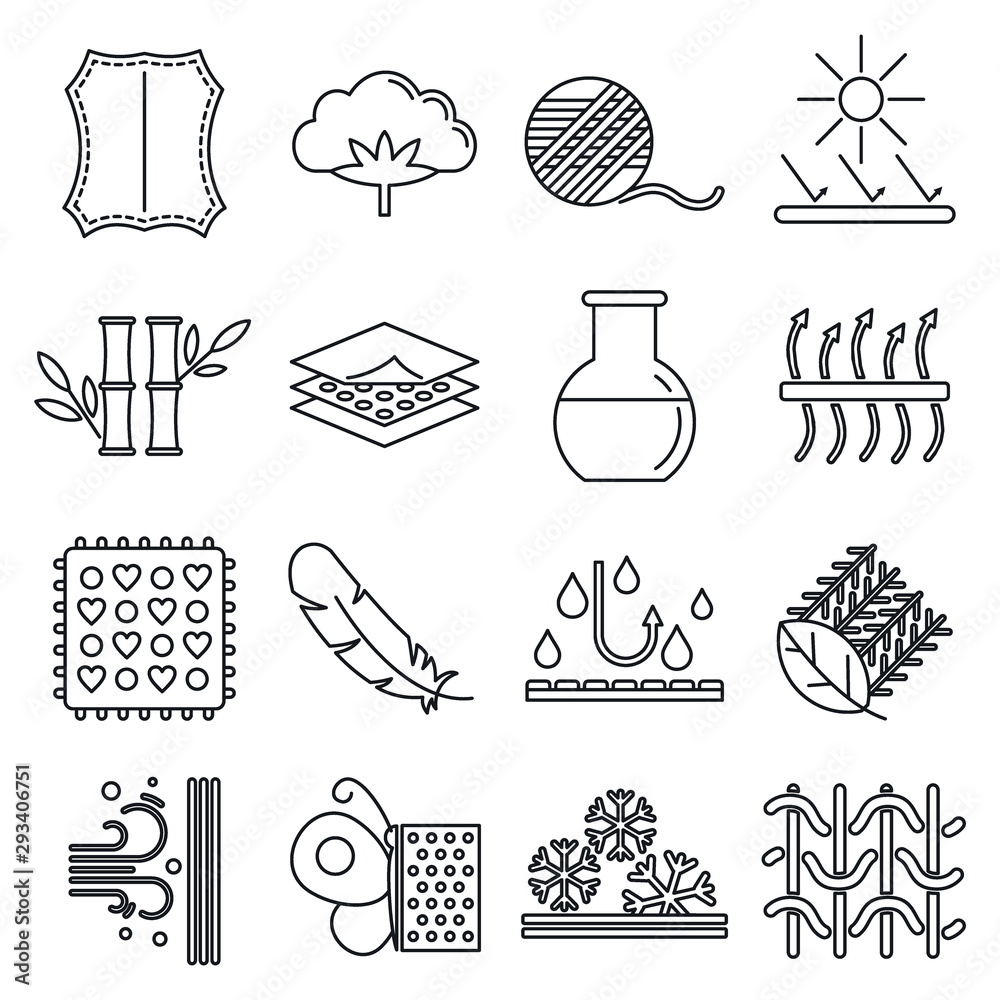 Fabric feature breathable icons set. Outline set of fabric feature ...
