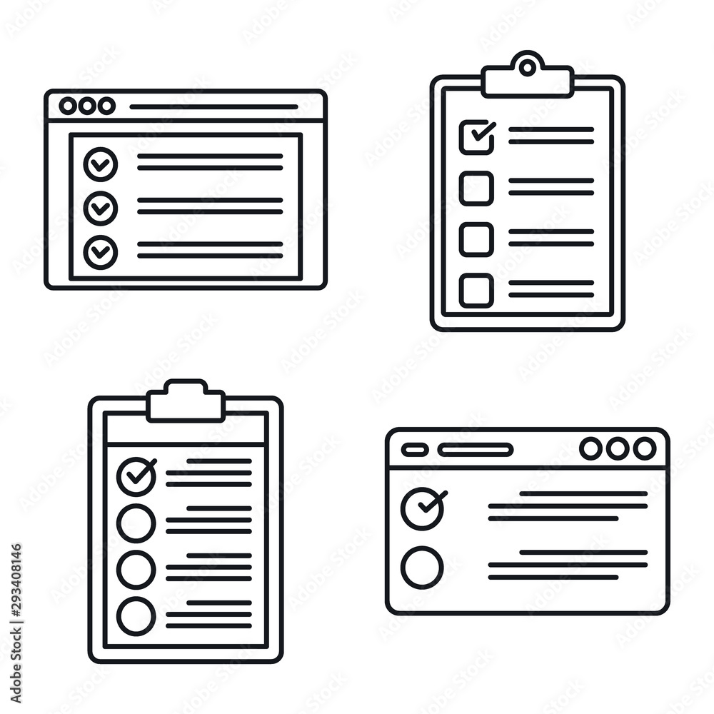 Checklist test icons set. Outline set of checklist test vector icons ...
