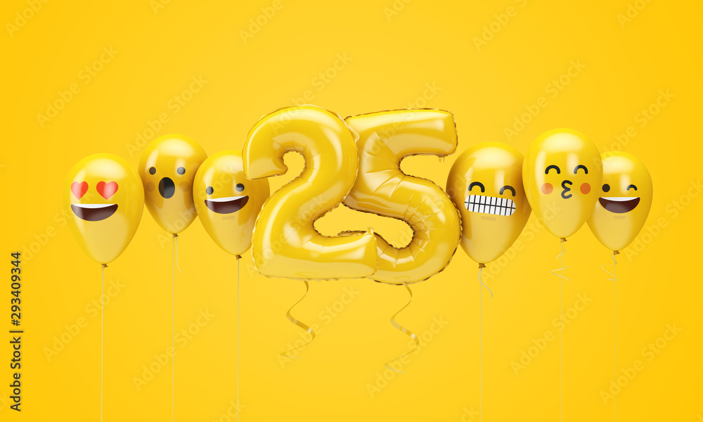 Number 25 yellow birthday emoji faces balloons. 3D Render Stock ...