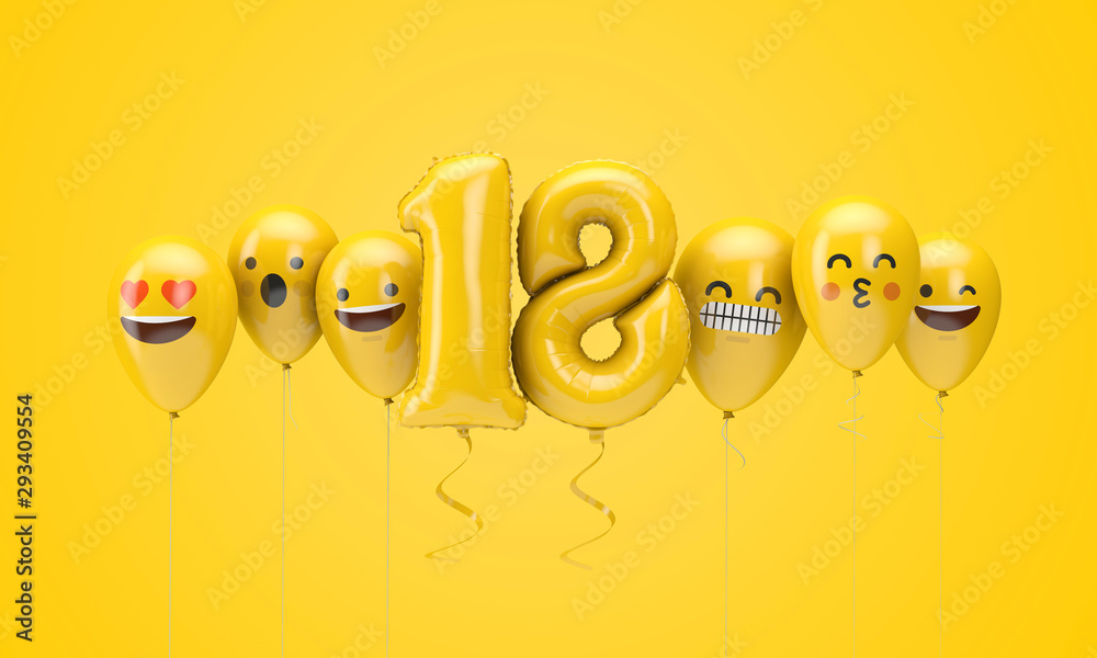 Number 18 yellow birthday emoji faces balloons. 3D Render Stock ...