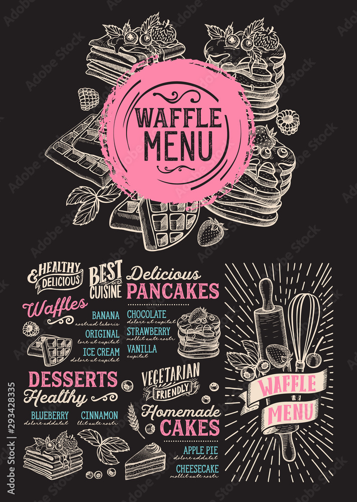 Waffle and pancake menu template for restaurant with doodle hand-drawn ...