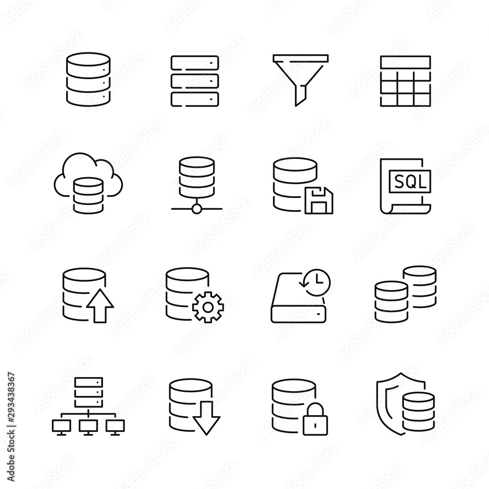 Database related icons: thin vector icon set, black and white kit Stock ...