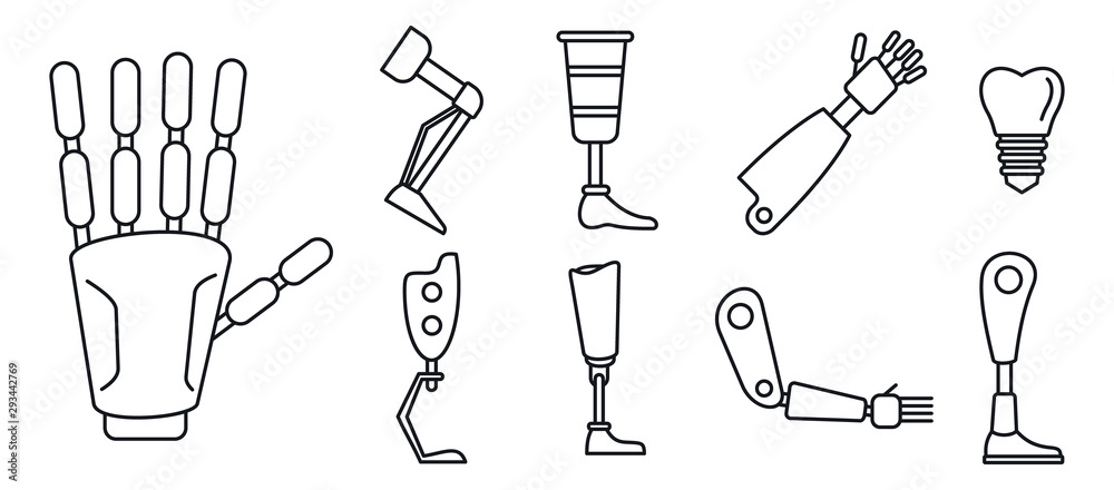 Bionic artificial limbs icons set. Outline set of bionic artificial ...