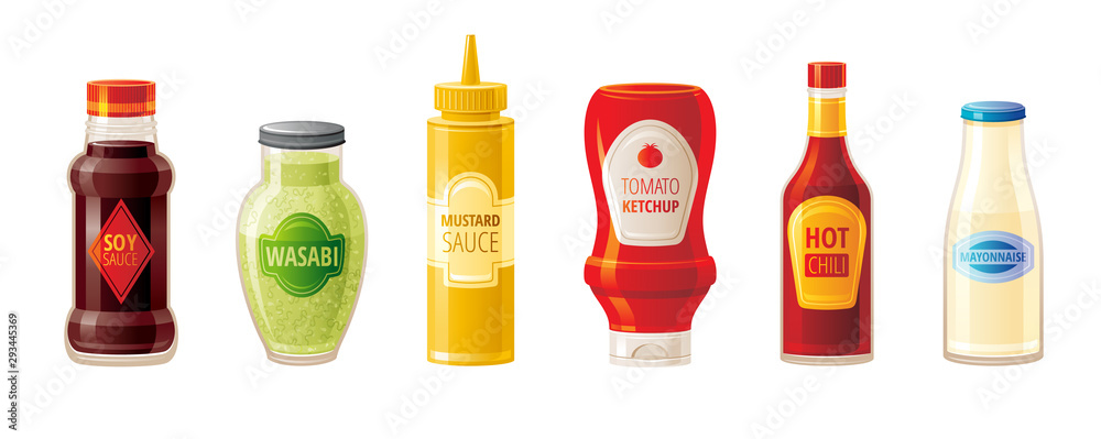Vecteur Stock Sauce set. Soy Wasabi Mustard Ketchup Hot Chili Mayonnaise sauces. Food icons with ...
