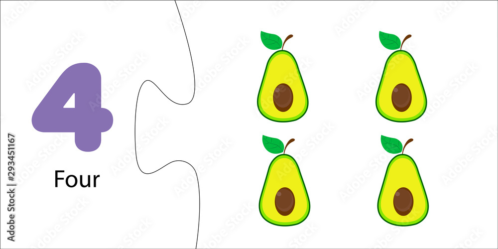 Number 4 and four avocados. Children's math with numbers and fruits ...