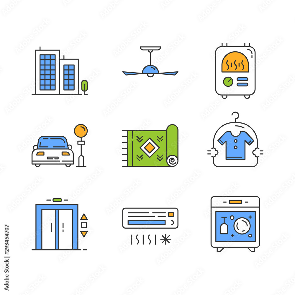 Apartment amenities color icons set. Multi-storey building, dry ...