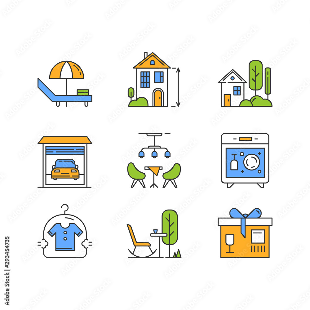Apartment amenities color icons set. Outdoor furniture, lounge. Dry ...