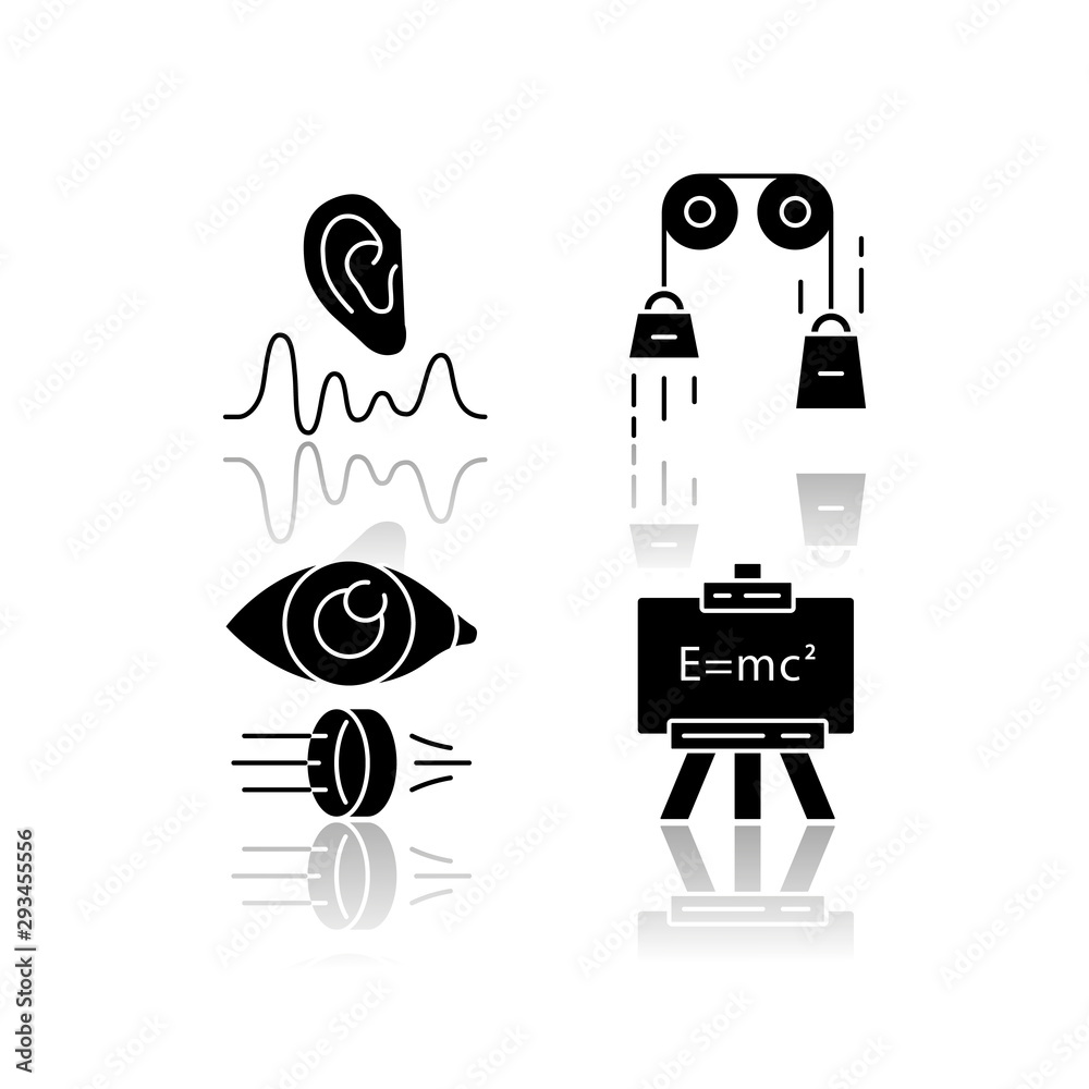Physics branches drop shadow black glyph icons set. Acoustics ...