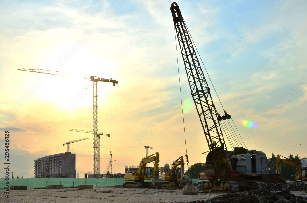 Large crawler crane or dragline excavator with a heavy metal wrecking ...