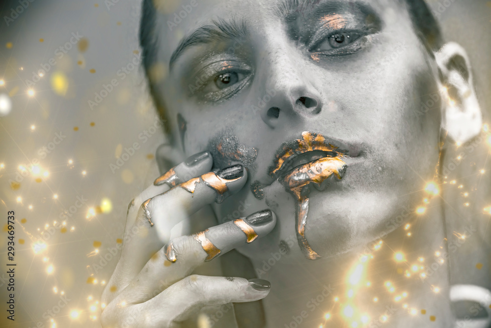 Gold Paint smudges drips from woman face, lips and hand, lipgloss ...