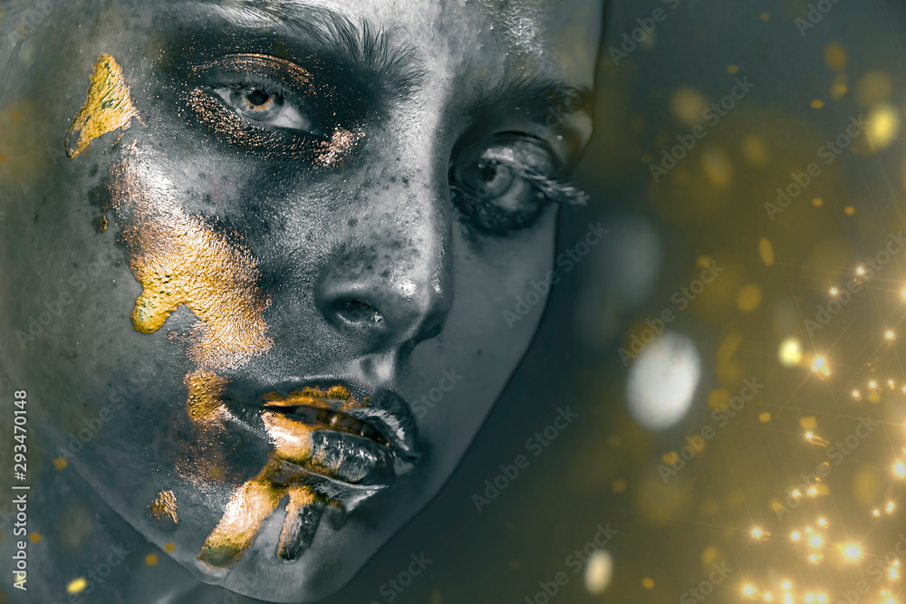 Gold Paint smudges drips from woman face, lips and hand, lipgloss ...