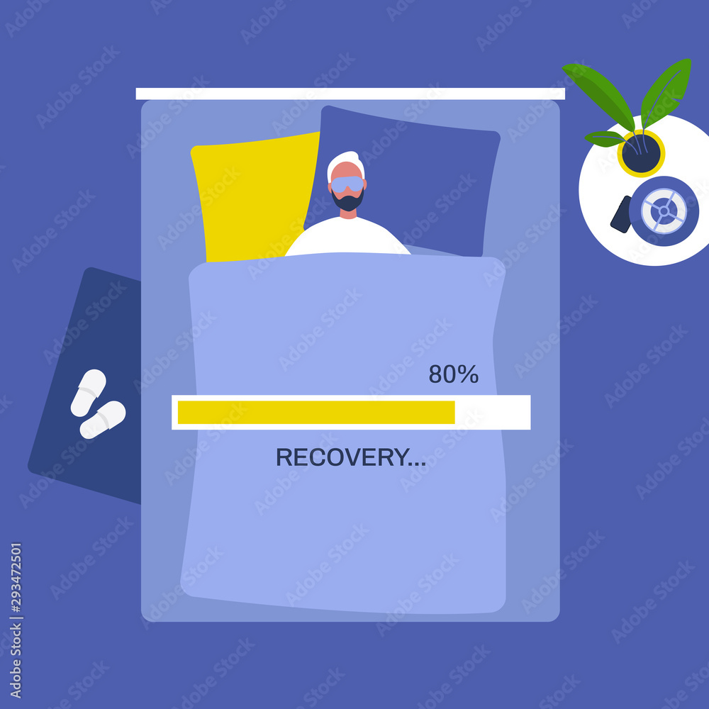 Recovery conceptual illustration. Young indian character sleeping in ...