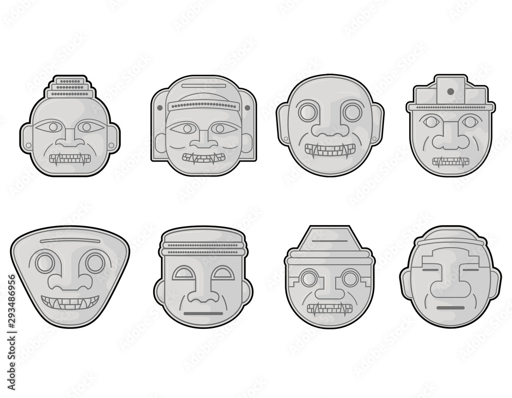 Heads of Colombian pre hispanic San Agustin sculptures, vector ...