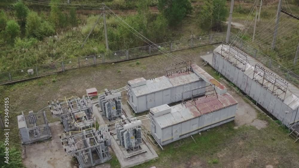 Aerial view of Transformer substation. High-voltage SF6 circuit breaker ...