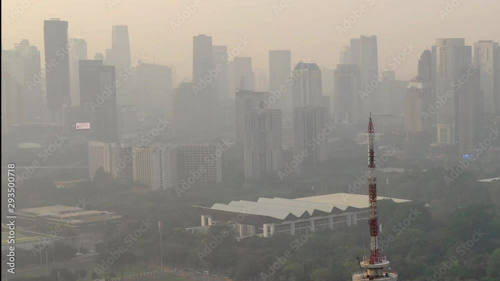 Aerial view of Senayan Sport Complex with TVRI TV Tower in close-up ...
