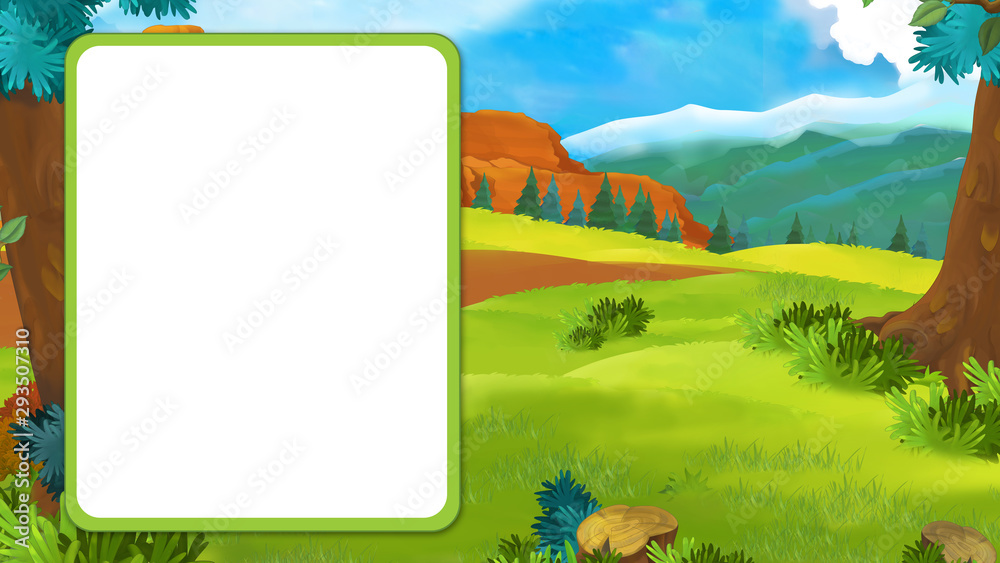 cartoon nature scene with mountains and meadow with frame for text ...