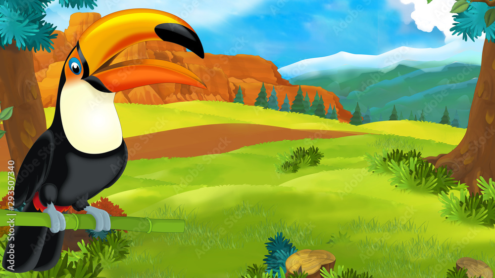 cartoon scene with happy toucan sitting on some branch and looking ...