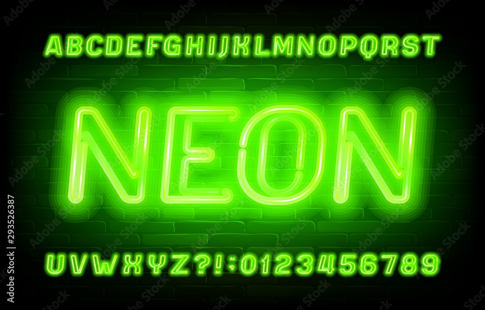 Neon alphabet font. Green neon light letters and numbers on brick wall ...