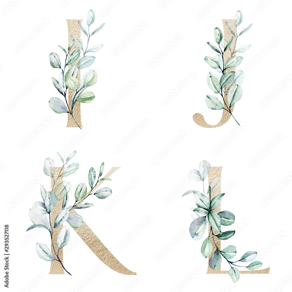 Floral gold alphabet, set letters with watercolor leaf eucalyptus ...