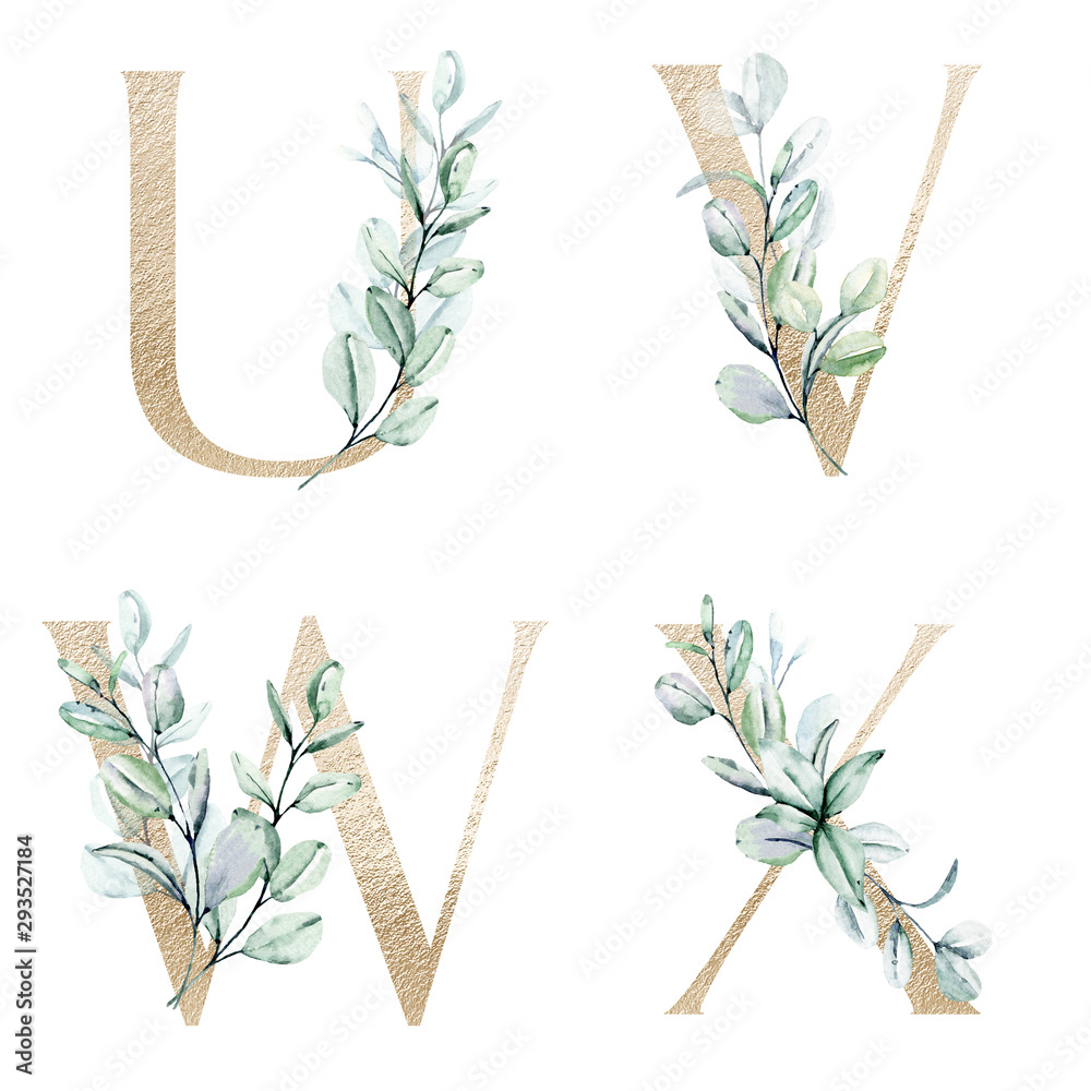 Floral gold alphabet, set letters with watercolor leaf eucalyptus ...