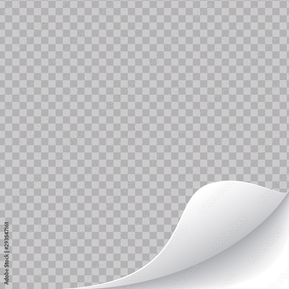 Curled transparent rounded page corner with shadow on white background ...