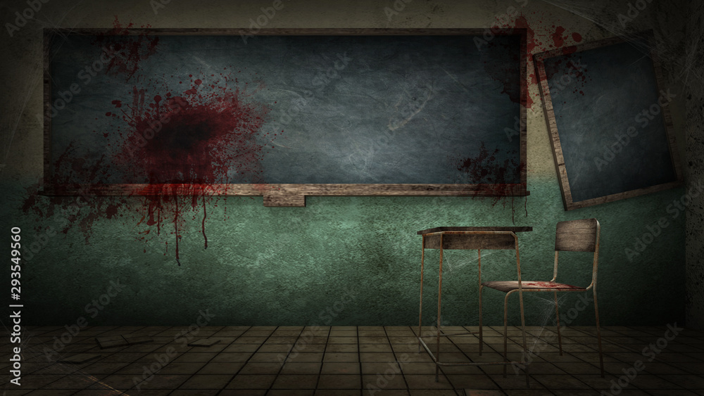 horror and creepy classroom in the school with blood. 3D rendering ...