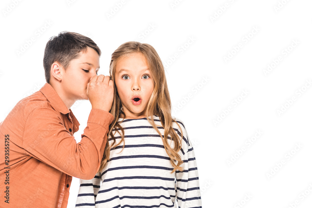 boy telling secret to surprised friend isolated on white Stock Photo ...