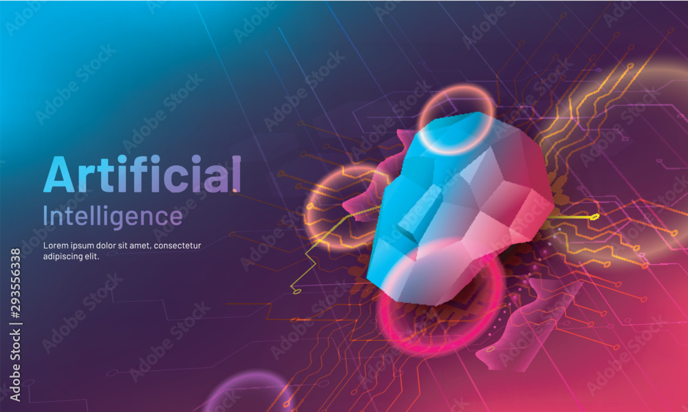 Artificial Intelligence (AI) responsive web template design, lowpoly humanoid robotic face on ...