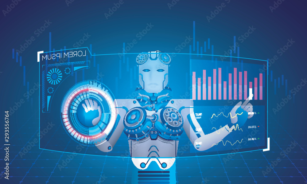 Responsive landing page design with humanoid robot working with virtual ...