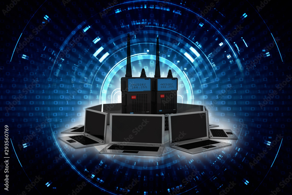 3d rendering latest Radio transceivers in bin with computer network ...