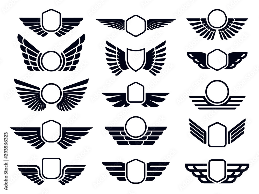 Winged frames. Flying bird shield emblem, eagle wings badge frame and ...