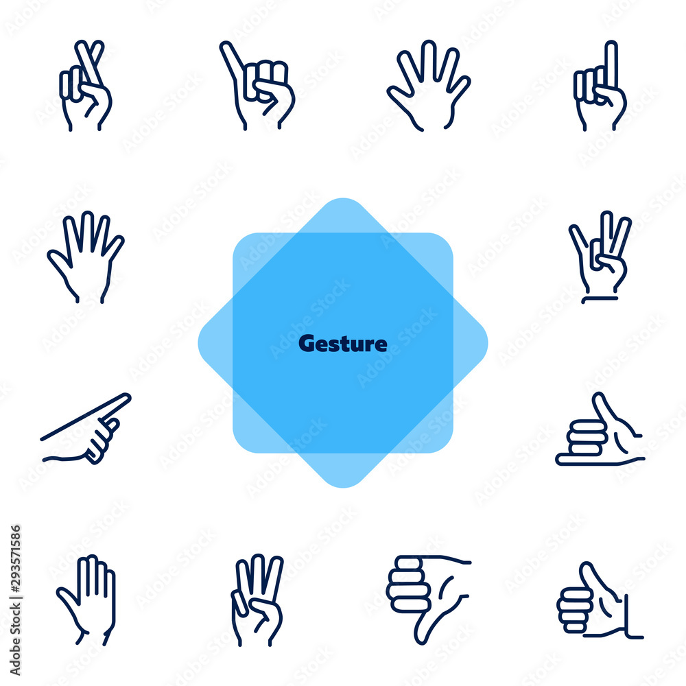 Gesture icon. Set of line icons on white background. Thumb up, open ...