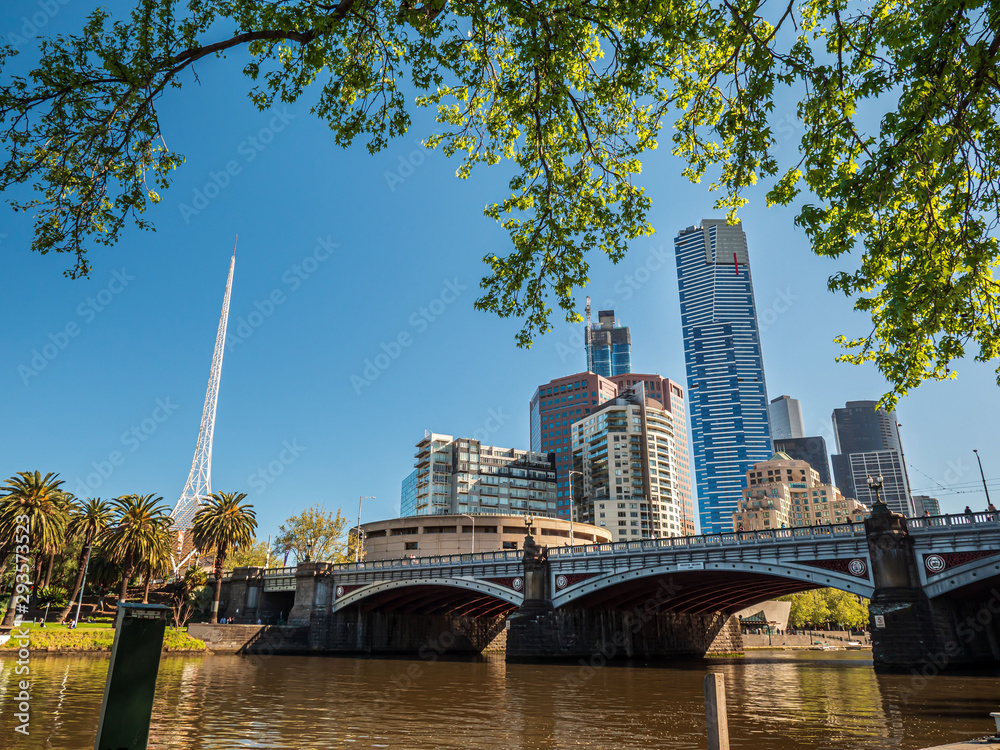 Melbourne city in a bright nice day of spring. Yarra river, bridge ...