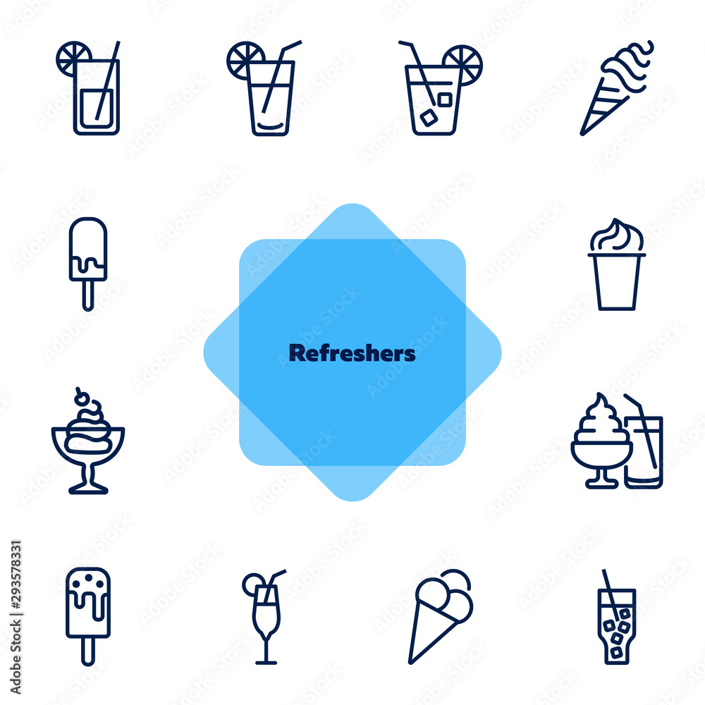 Refreshers line icon set. Cola, ice cream, lemonade. Drink concept. Can ...