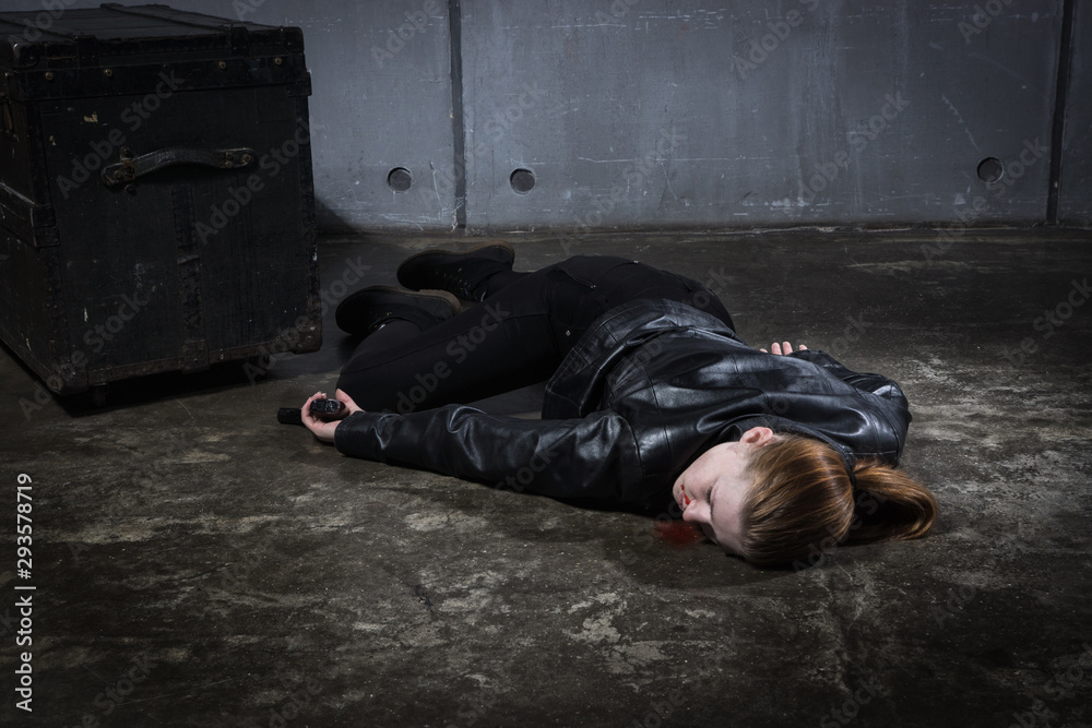 Crime scene imitation. Dead woman lying on a floor.. Stock Photo ...