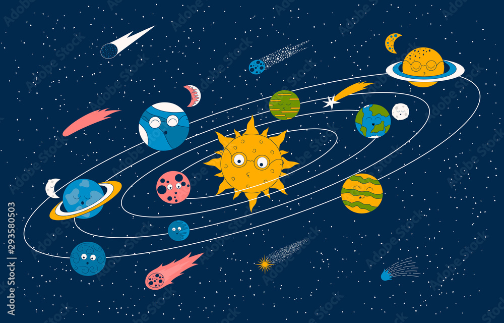 Cartoon solar system pattern with cute earth, moon, sun and planets ...