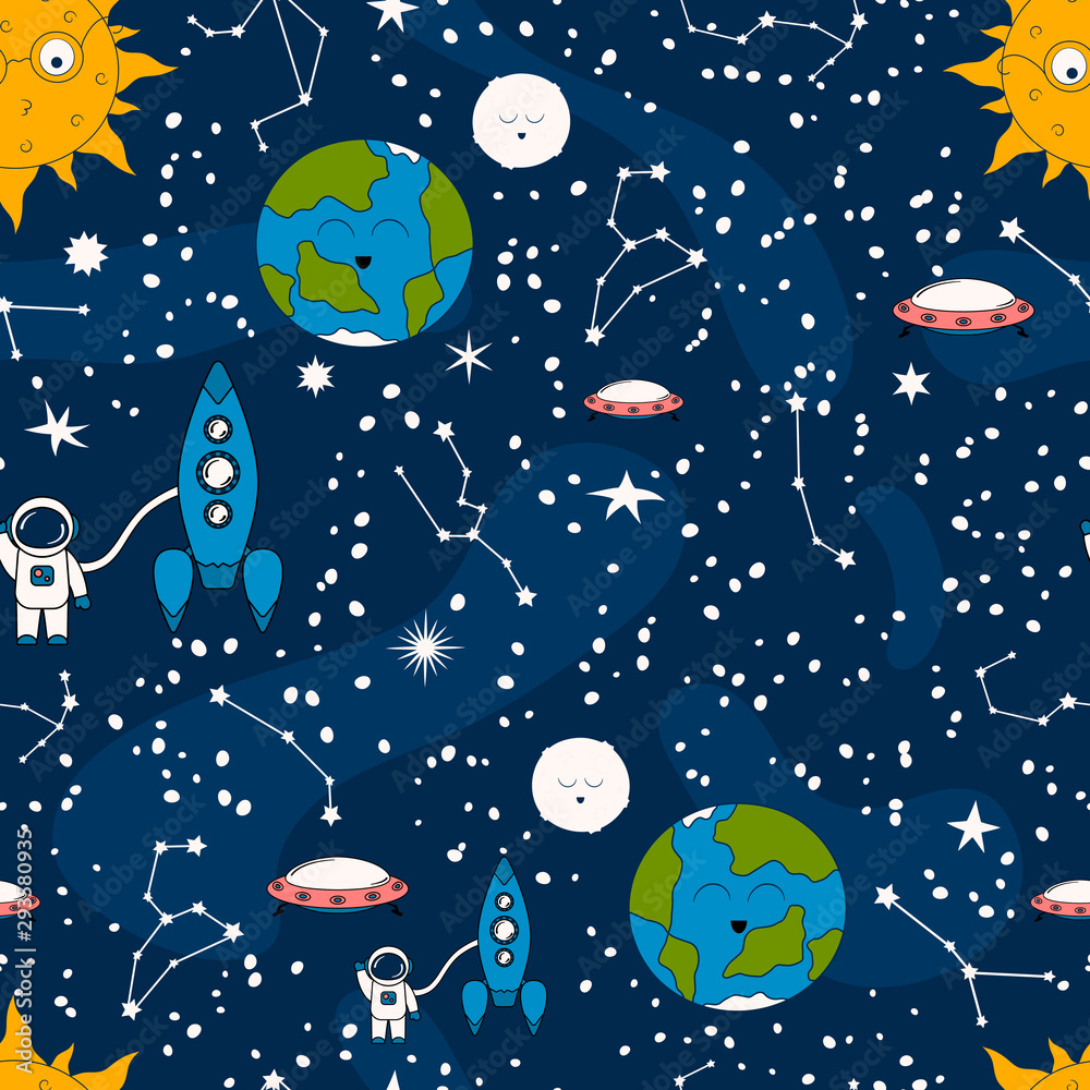 Space seamless pattern with cartoon spaceship and astronaut, earth ...