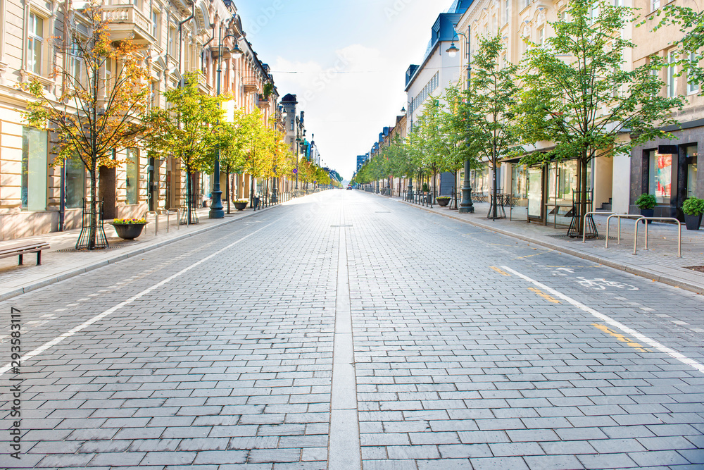  Street With Empty Road And Morning Light In Europe Lithuania