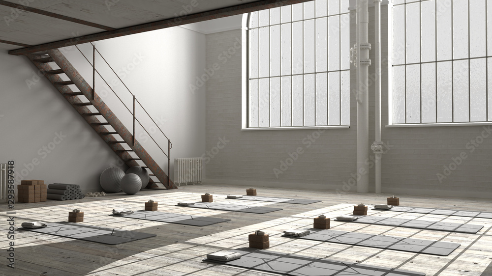 Empty yoga studio interior design, minimal industrial open space with ...