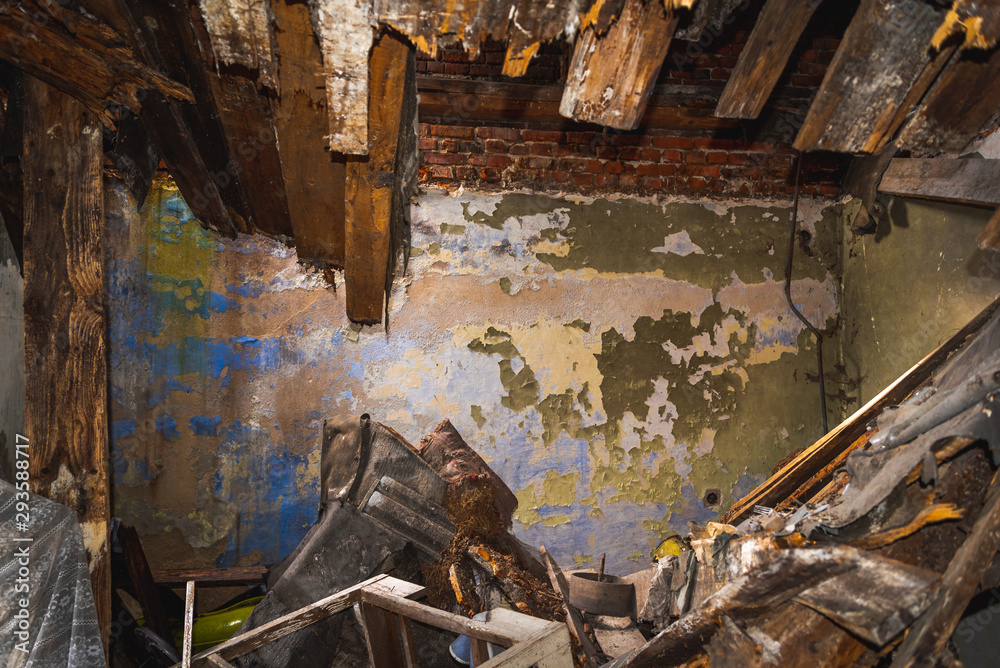 Haunted house. Collapsing wooden ceiling inside the building. Abandoned ...