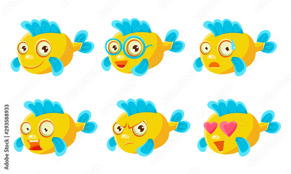 Yellow Fish with Different Emotions Set, Cute Sea Creature Cartoon ...