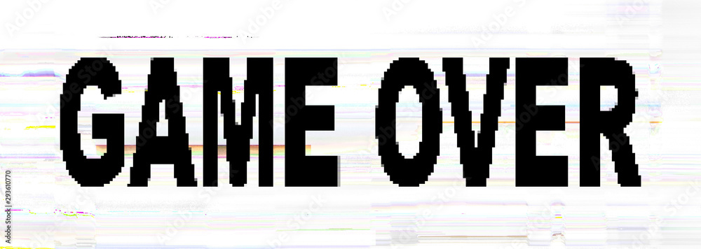 Black game over message. White pixel pattern distorted screen. Stock ...