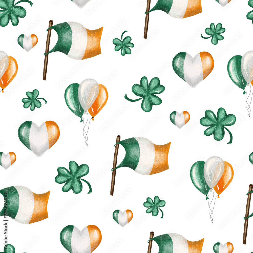 Seamless pattern of irish colors flags, air ballos and clover leaves to ...