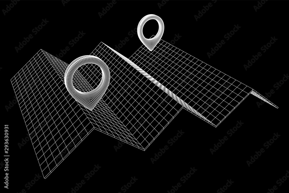 Geo map pin with folding map wireframe mesh Stock Vector | Adobe Stock