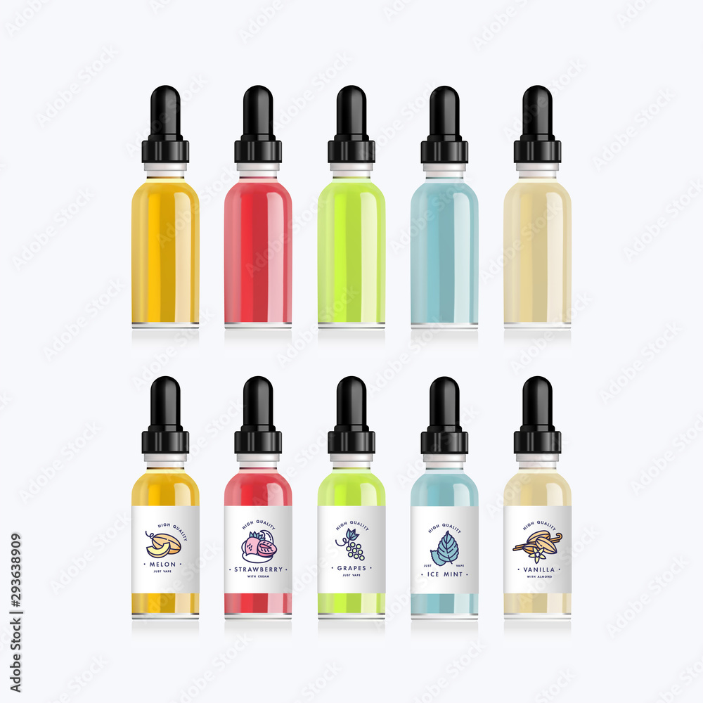Realistic set bottles mock up with tastes for an electronic cigarette ...
