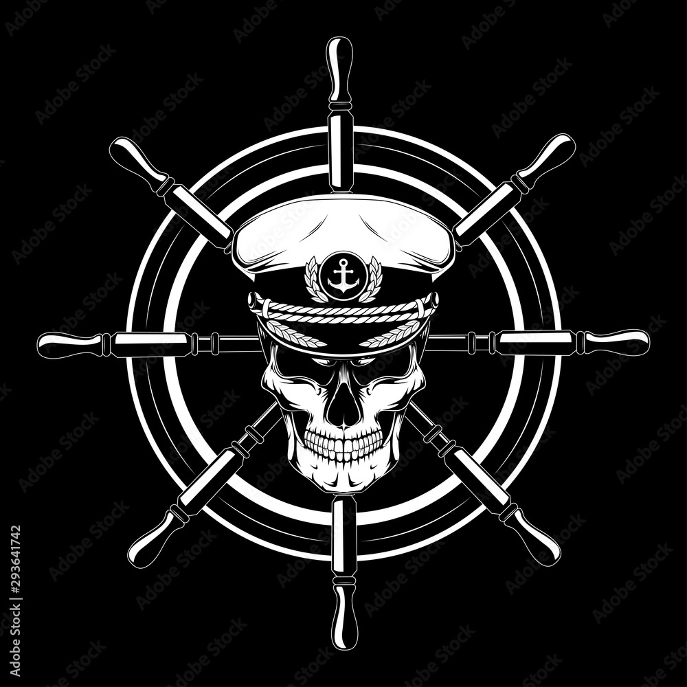 Black and white vector image of the helm of the ship with the captain's ...