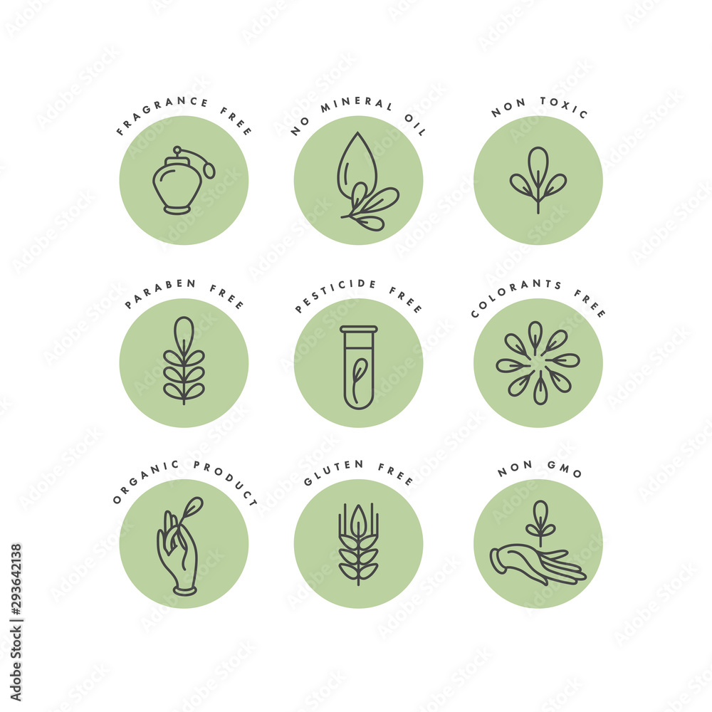 Vector set of logos, badges and icons for natural and organic products ...