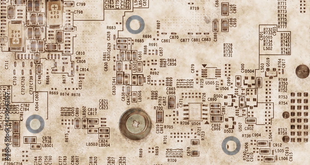 Old schema computer, retro electronic circuit board background and ...