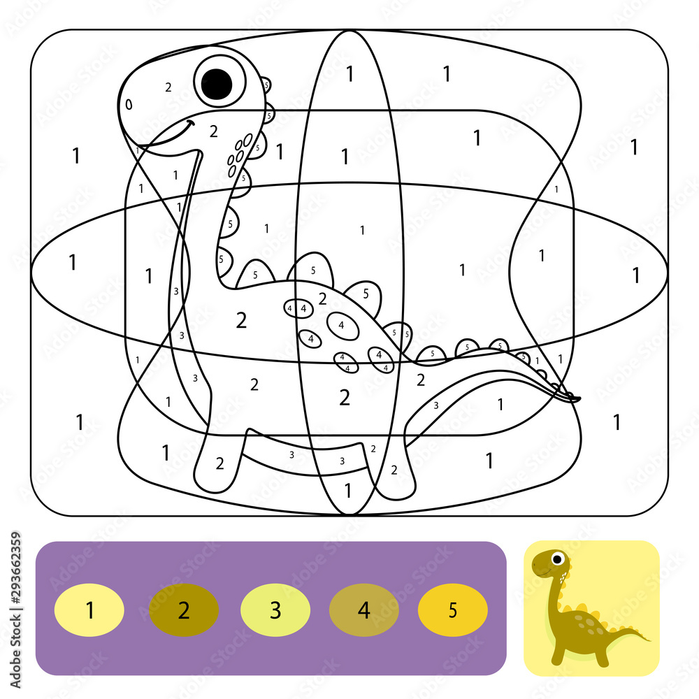 Cute dino coloring page for kids. Coloring puzzle with numbers of color ...